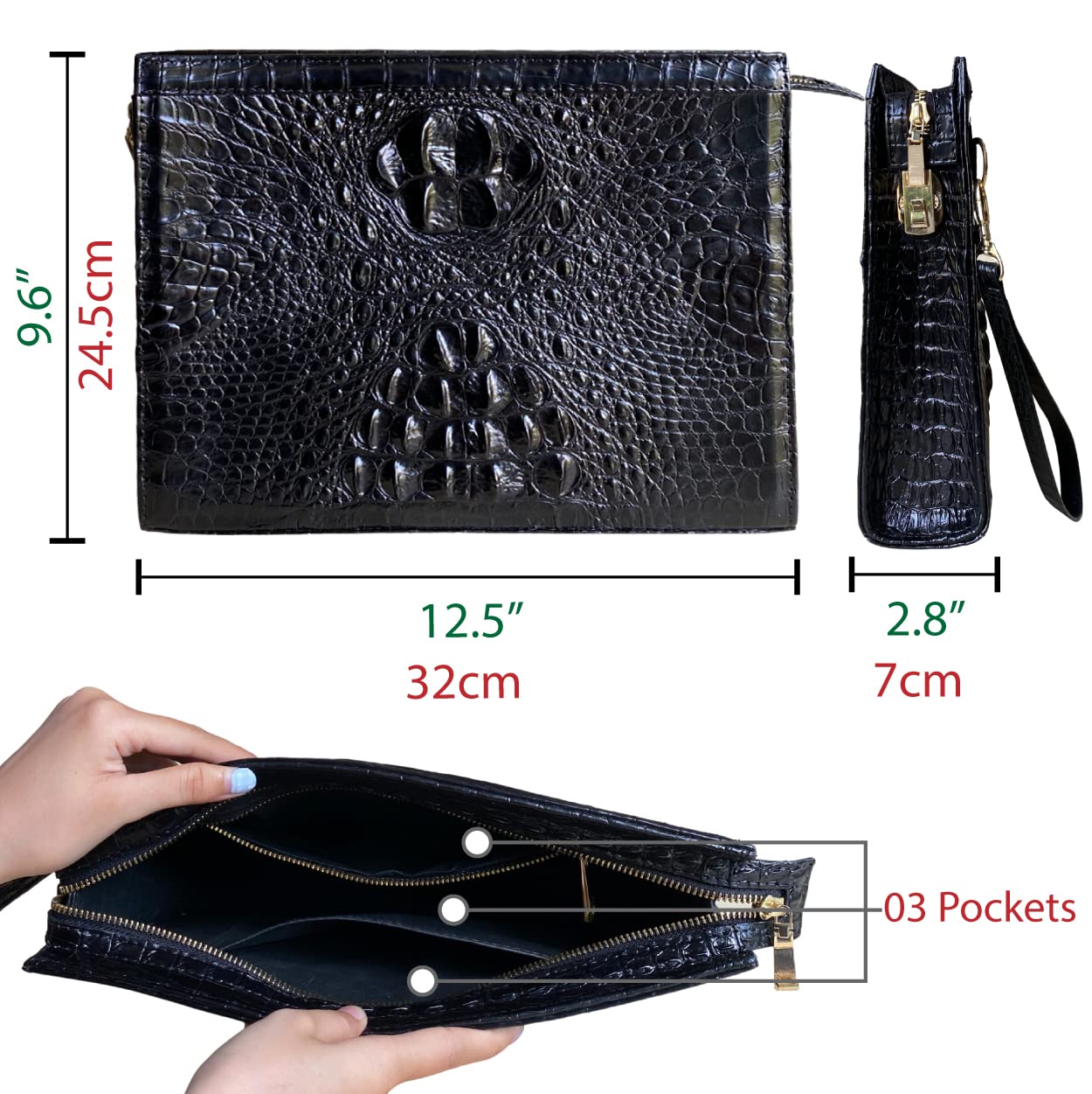 Black Mens Big Clutch Bag Business Alligator Leather Purse Wristlet Handbag Premium Crocodile Skin Multiple Compartments Card Phone Holder Organizer Wallet RFID Blocking CLUT01