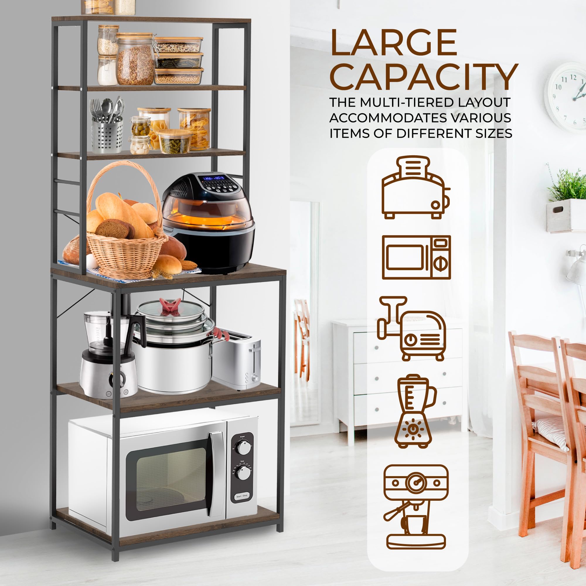 Elixo Bakers Rack with Power Outlet, coffee bar cabinet with 6 S hooks, 6-Tiers small appliances and microwave stand with storage for small apartments with motion sensor lights, Black