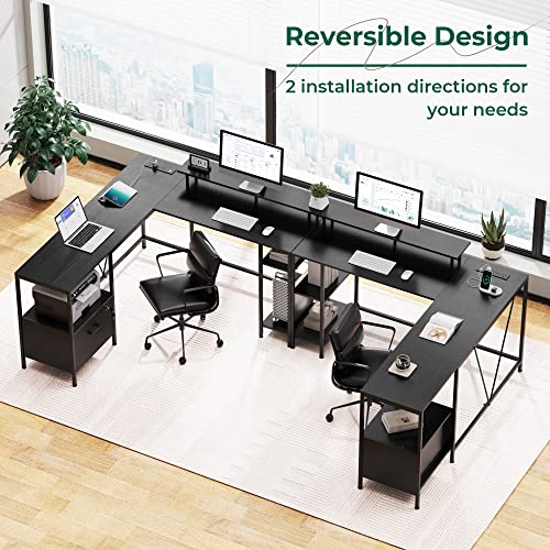 Huuger L Shaped Desk with Power Outlets & LED Lights, Reversible Computer Desk with Storage Shelves & File Cabinet, Corner Desk Home Office Desk, Black