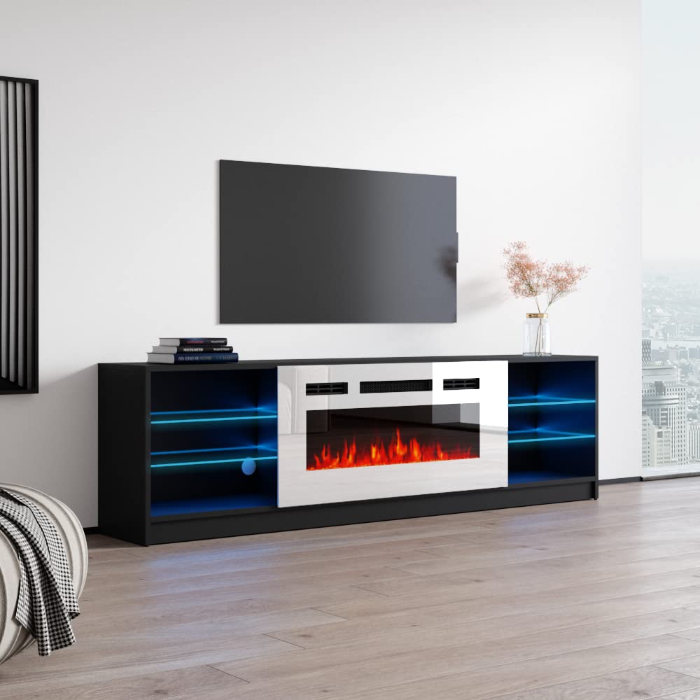 Boston WH01 Fireplace TV Stand for TVs up to 90", Modern High Gloss 79" Entertainment Center, Electric Fireplace TV Media Console with Storage Cabinets and LED Lights