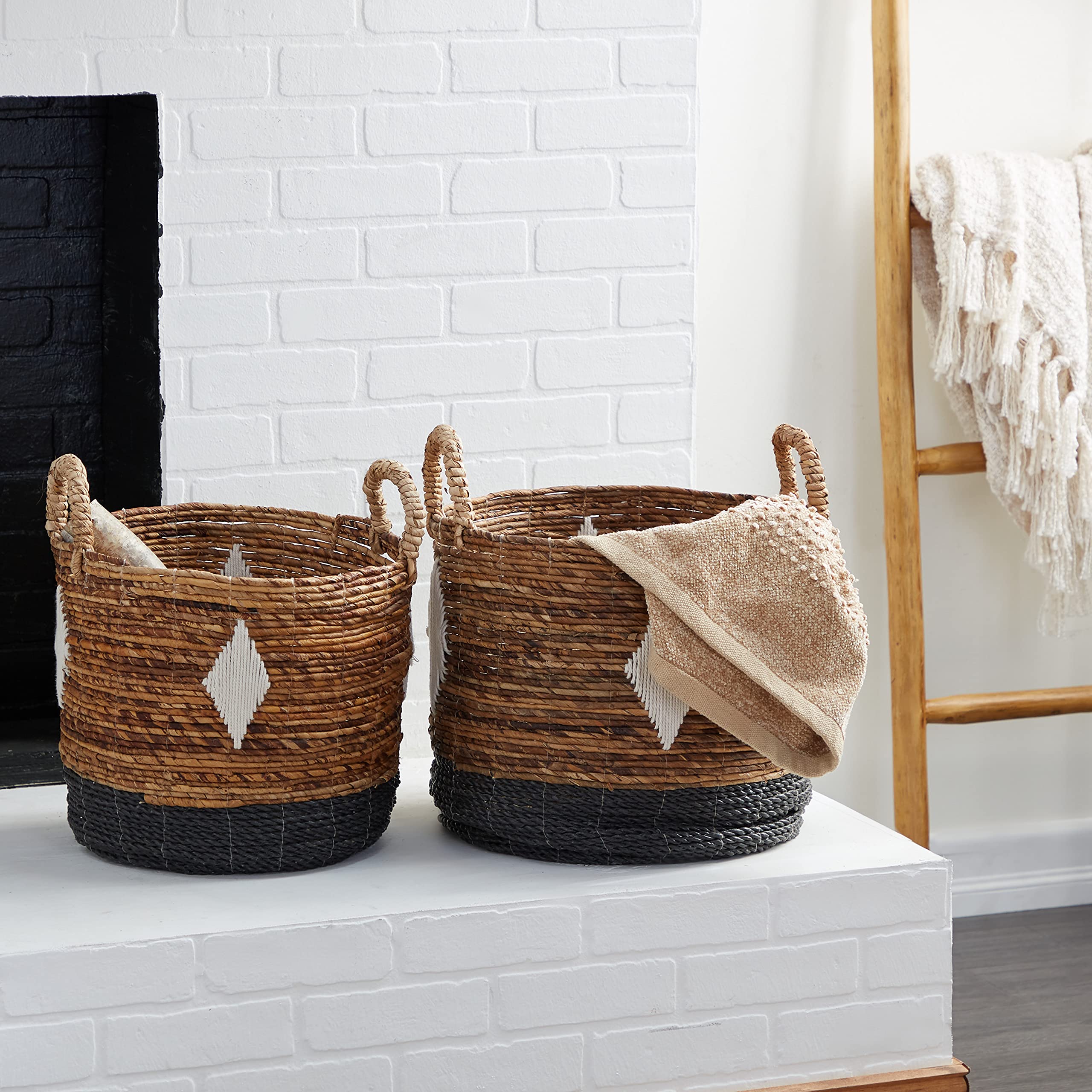 Deco 79 Banana Leaf Handmade Diamond Detail Storage Basket with Handles, Set of 2 17", 16"H, Brown