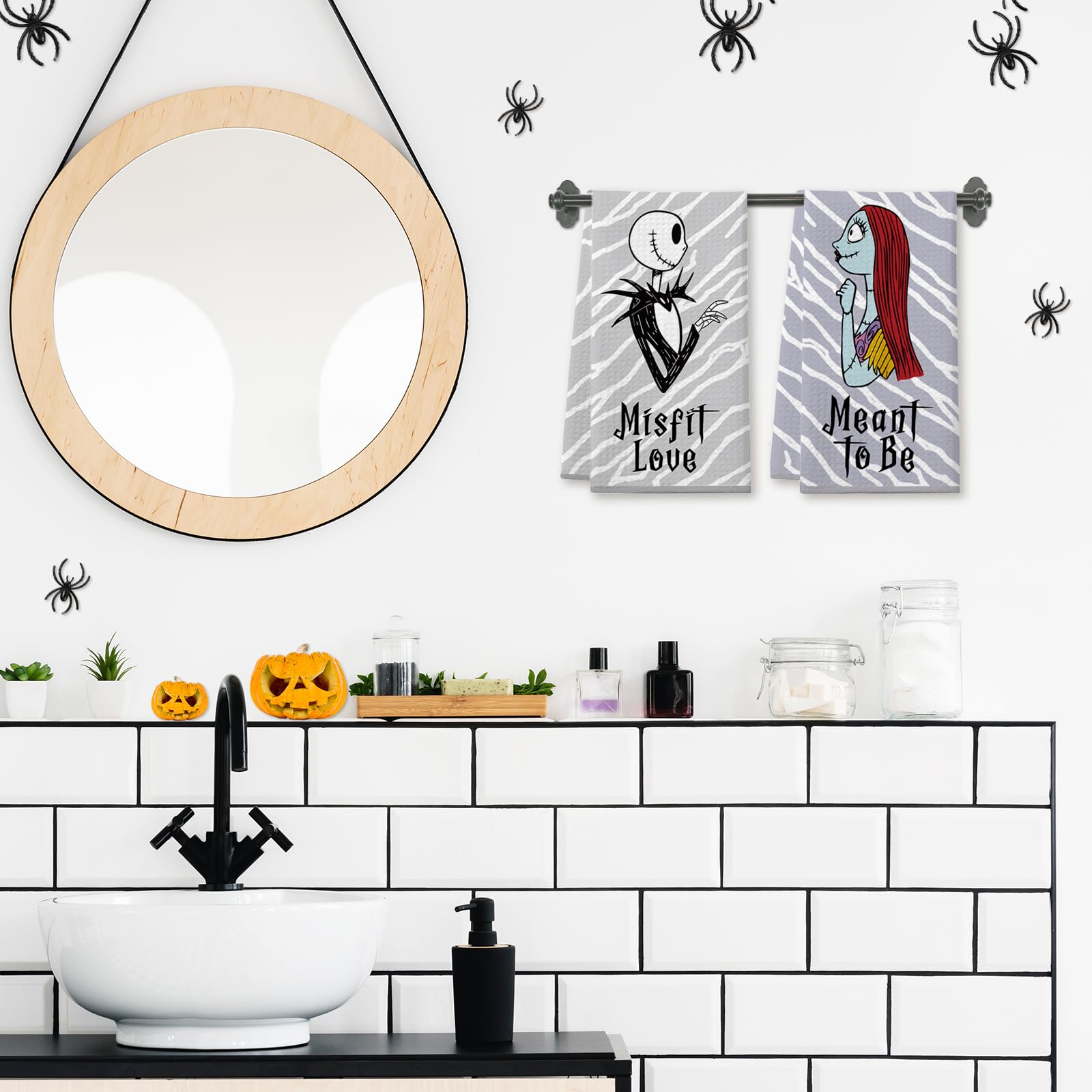Cheroloven Nightmare Before Christmas Kitchen Towels, Halloween Kitchen Bathroom Decorations, 2 Pack Funny Halloween Hand Towels Dish Cloths, Jack Sally Gothic Home Decor