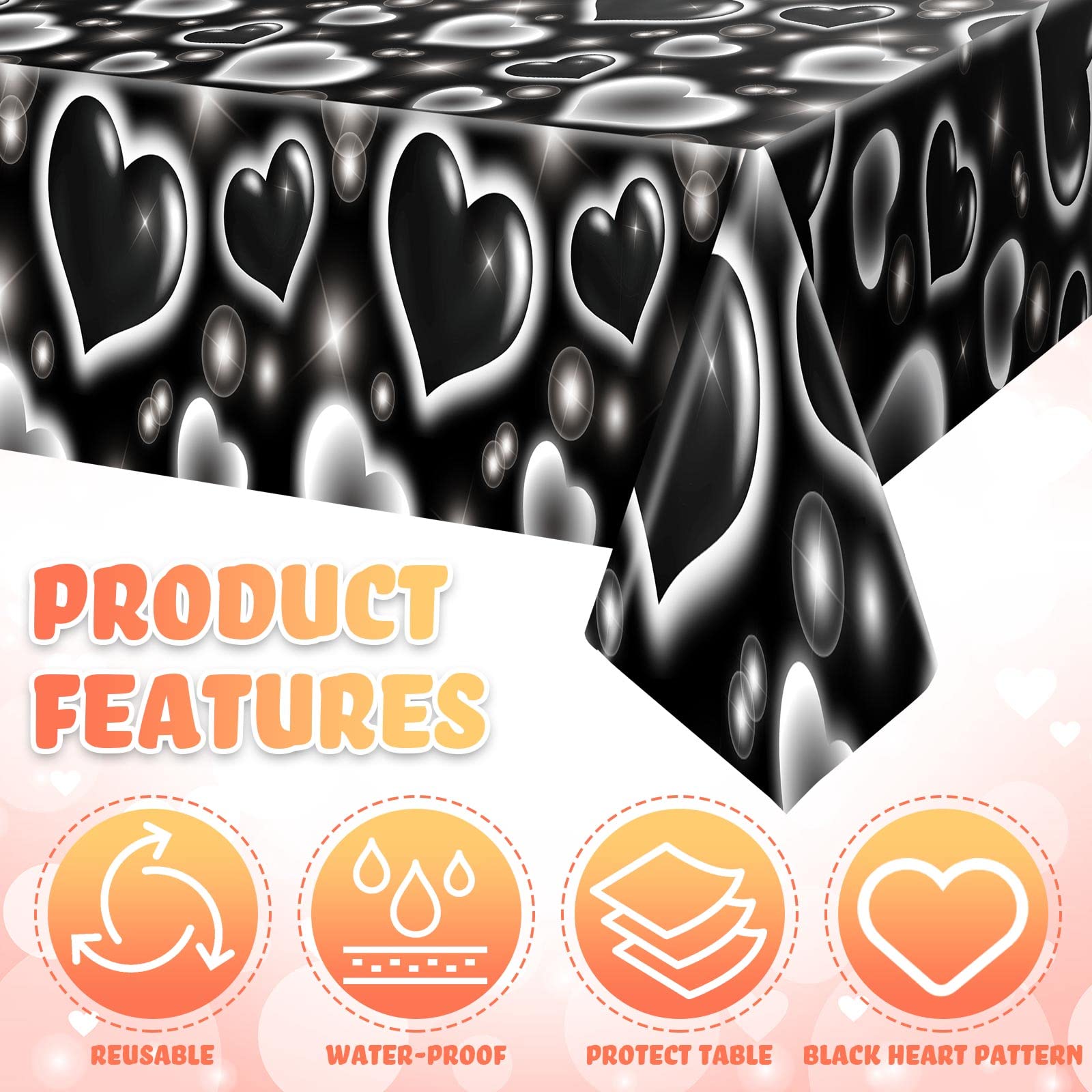 Tudomro 3 Pack 2000s Tablecloth Decoration Cholo Party Table Cover 90s Table Covers Heart Early Plastic Disposable Rectangle Table Decoration for Birthday Party Supplies, 54 x 108 Inches(Black)