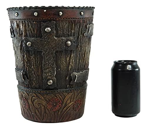 Ebros Gift Rustic Western Old World Country Blue Cross with Concho and Nailheads in Faux Distressed Wood Finish with Floral Patterns (Dry Waste Basket Trash Bin)