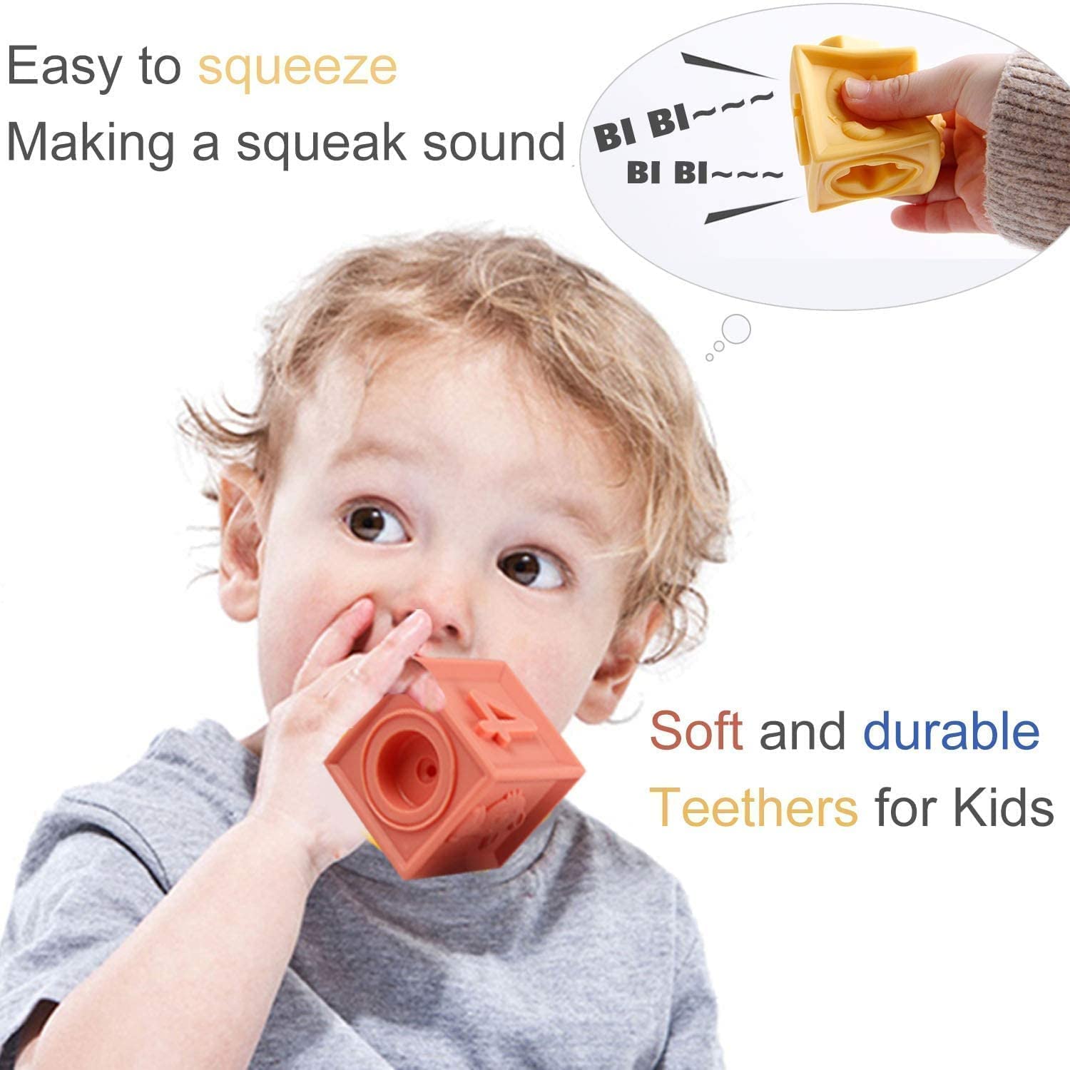 Mini Tudou Baby Blocks & Stacking Circles Toy Set, Baby Sensory Building & Teething Toys Educational Squeeze Play with Animals Shapes Textures Numbers, Best for Toddlers Babies 6m+