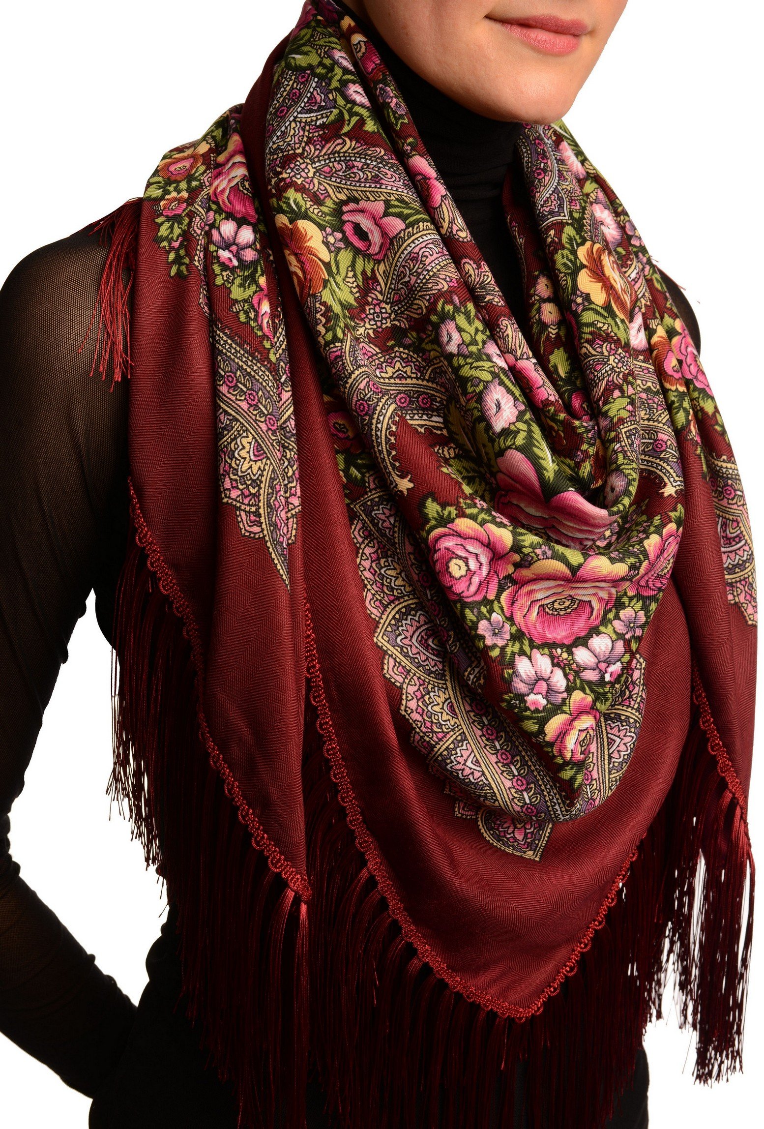 LissKiss Burgundy Plyaski Slavonic Russian Folk Style Shawl - Scarf