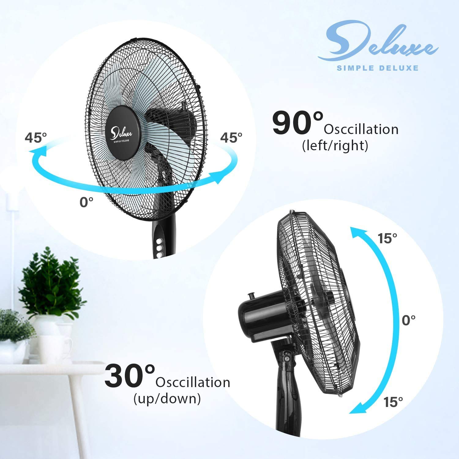 HealSmart Oscillating 16″ 3 Adjustable Speed Pedestal Stand Fan for Indoor, Bedroom, Living Room, Home Office & College Dorm Use, 16 Inch, Black