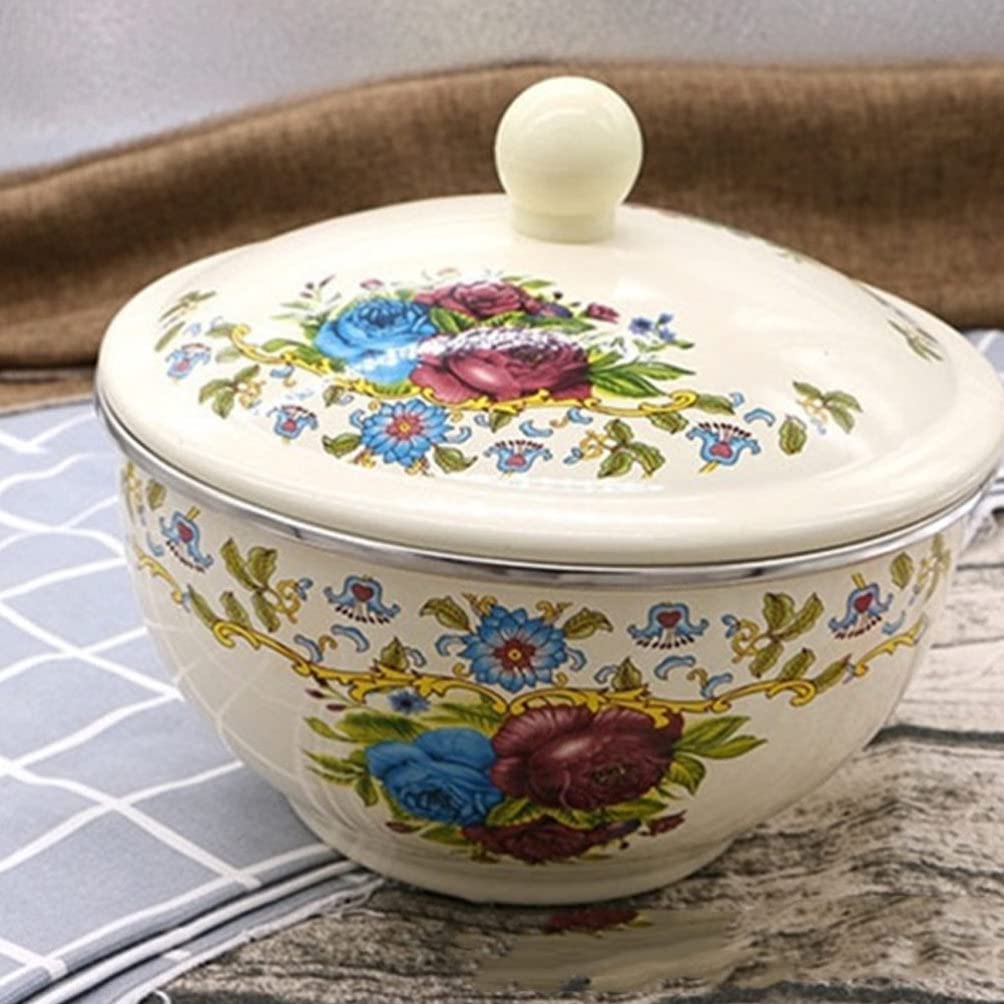 Cabilock Mixing Bowl Enamel Soup Bowl With Lid Flower Prints Enamelware Basin Old- fashioned Bowl Thickened Enamelware Bowl Large Capacity Vegetable Fruit Rice Pot Random Color Enamel Serving Bowls