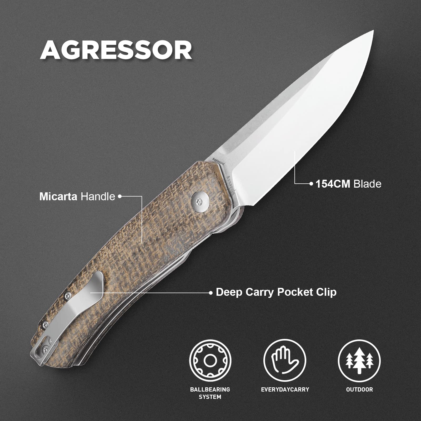 Kizer Agressor EDC Knife, 2.99 In 154CM Steel Blade Pocket Knife Green Micarta Handle Front Flipper Tools V3629C1