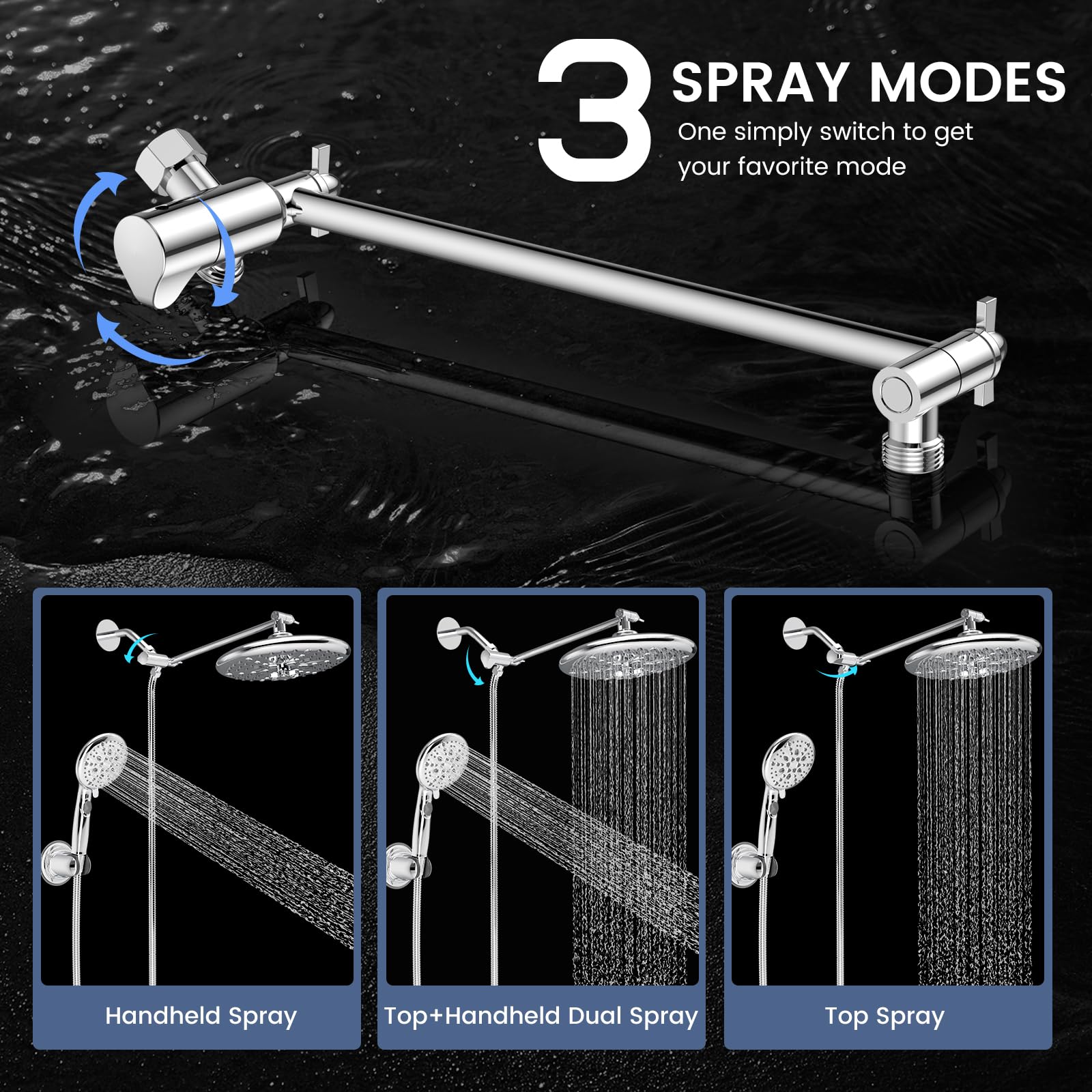 FEELSO Shower Heads with Handheld Spray Combo with ON/OFF Pause Switch, 10" High Pressure Rain 7 Settings Showerhead with 11" Adjustable Extension Arm, 9 Functions Anti-clog Handle Set with Power Wash
