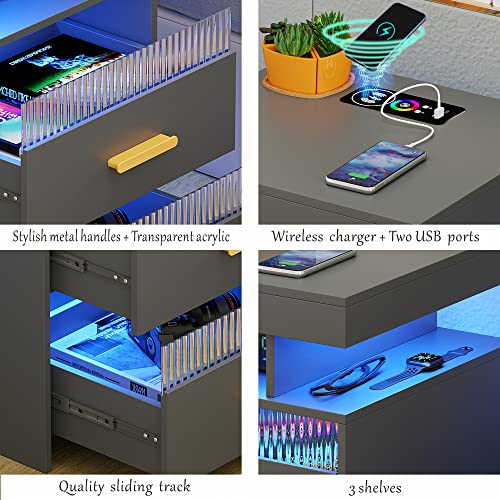 Dystler Nightstand with Charging Station and LED Lights All In One Night Stand with Drawers Bedside Table with USB Port & Outlets and Human Sensor Design Modern End Table for Bedroom Livingroom Office
