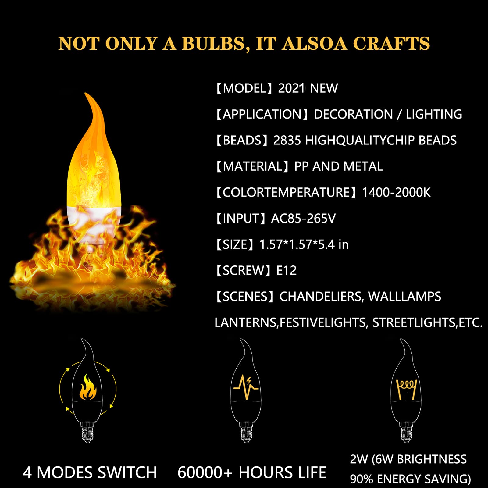 Artistic Home Xmas Decor Flame Light Bulbs - 2019 Upgrade 4 Modes Flame Effect Light Bulbs - E12 LED Flickering Candelabra Light Bulbs for Xmas/Indoor/Outdoor/Hotel/Party/Bar Decorations(2 Packs)