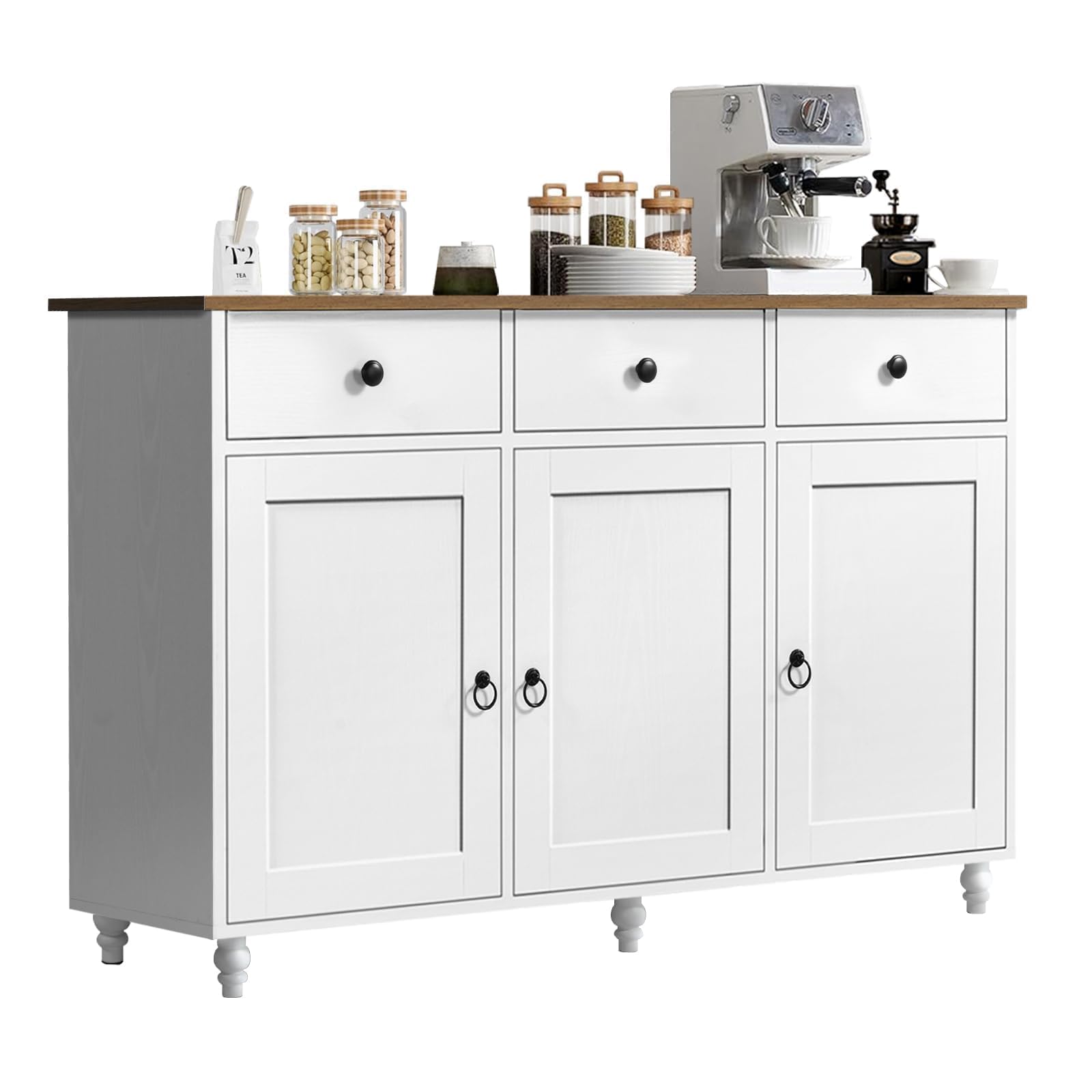 Buffet Cabinet with Storage, 47" Sideboard Buffet Cabinet with 3 Drawers and 3 Doors, Modern Farmhouse Kitchen buffet storage cabinet, Wood Buffet Table for Kitchen, Dining Room, Living Room, White