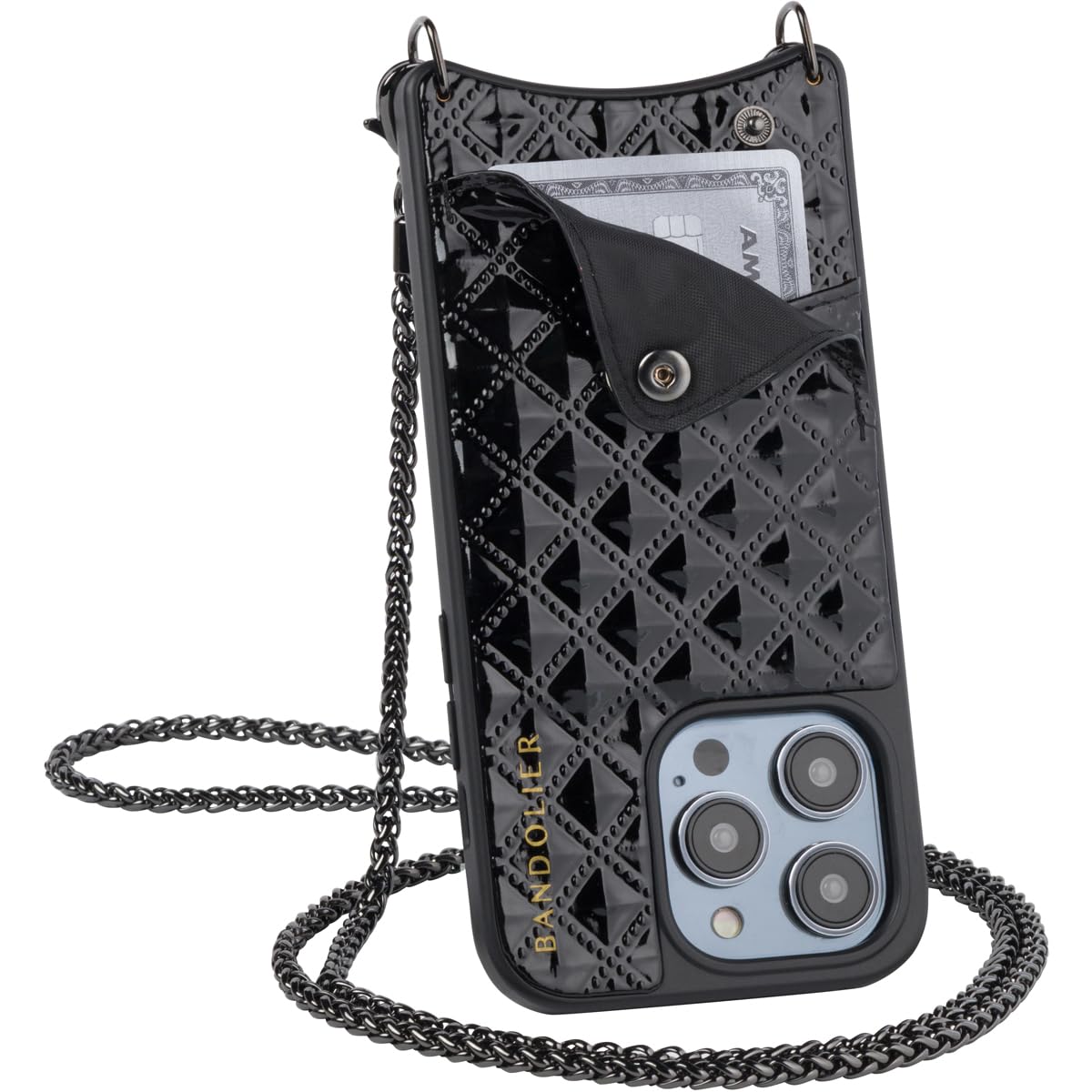 Bandolier Sheila Crossbody Phone Case and Wallet for iPhone 14 Pro - Pyramid Studded Creme Vegan Leather with Gold Detail