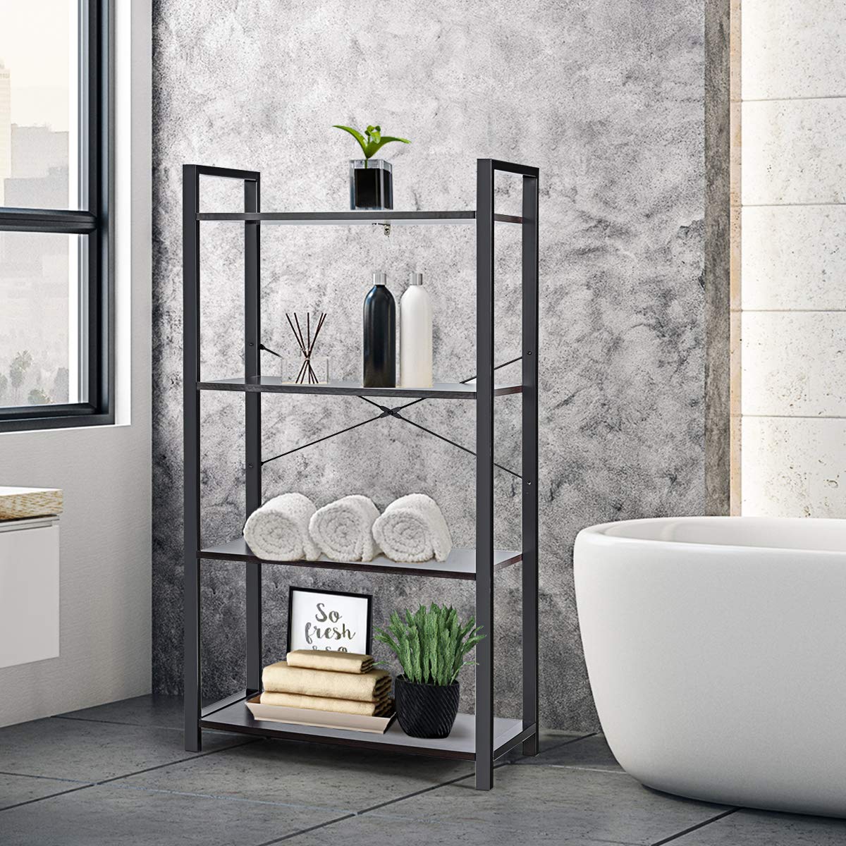 Giantex 4-Tier Industrial Bookshelf, Vintage Bookcase with Metal Frame, Standing Shelf Unit, Storage Shelves, Book Shelf for Living Room, Bedroom, Office, Black