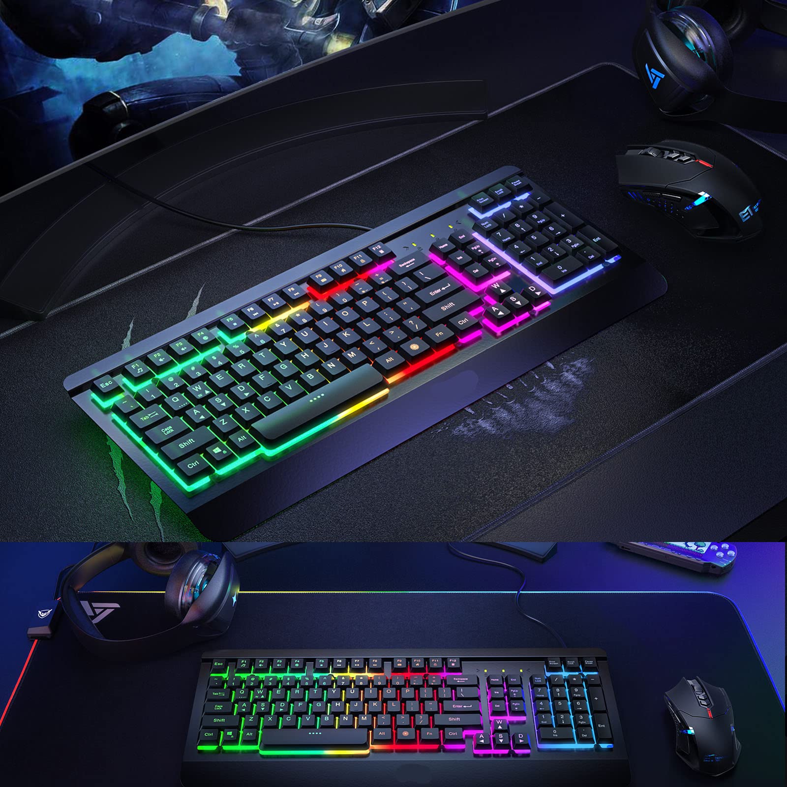 HovingTech Gaming Keyboard, USB Wired Keyboard with Metal Panel Rainbow Backlight, LED Illuminated Ergonomic Wrist Rest, Shortcuts, 19-Key Anti-Ghosting, Laptop & Desktop PC Computer Black