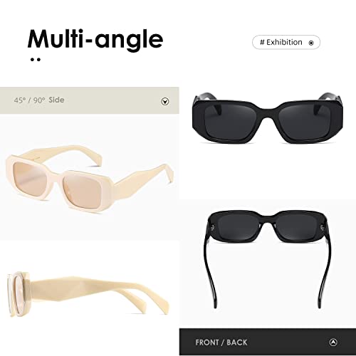 kimorn Rectangle Sunglasses for Women Men Trendy Retro Trendy Sun Glasses 90’s Vintage Square Frame K1307 (Black+Off-white Frame Grey Lens)