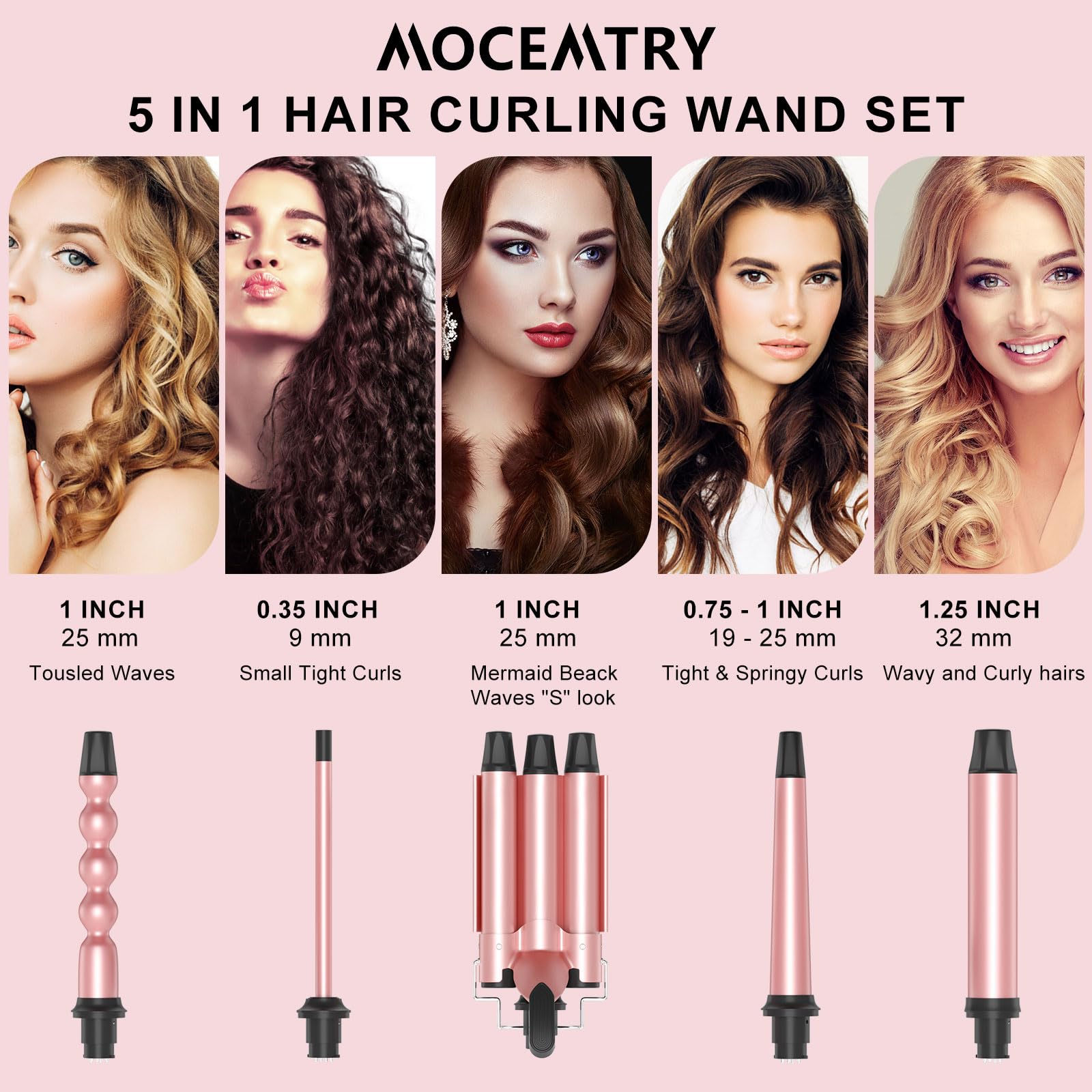 Curling Iron Wand Set, 5 in 1 Wave Hair Curler 0.35-1.25 Inch Interchangeable Ceramic Barrels Crimpers (Pink)