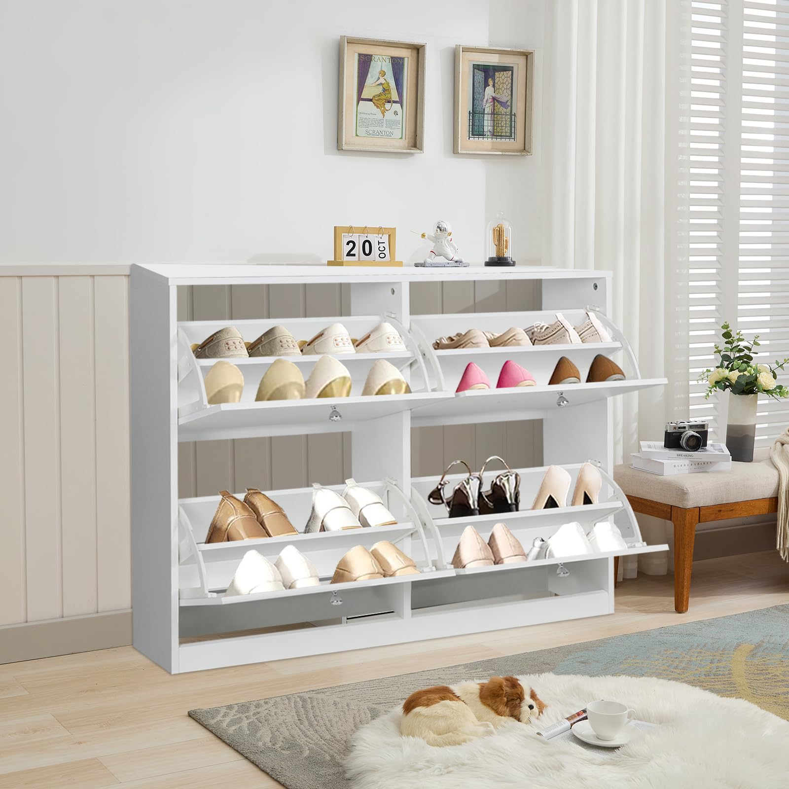 Deipto Shoe Storage Cabinet for Entryway, 3 Tier Wood Shoe Organizer Cabinet with Flip Drawers & Lnduction Led Light, White Narrow Hidden Shoe Rack Cabinet for Front Door Entrance (White, 4-Drawers)