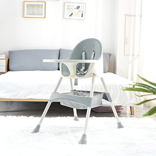 KESAIH High Chair, Height Adjustable High Chairs for Babies and Toddler with Easy-Clean Pu Cushion, Removable Tray, Adjustable Feet, 5 Point Safety Harness, Modern Toddler High Chair (Grey)1