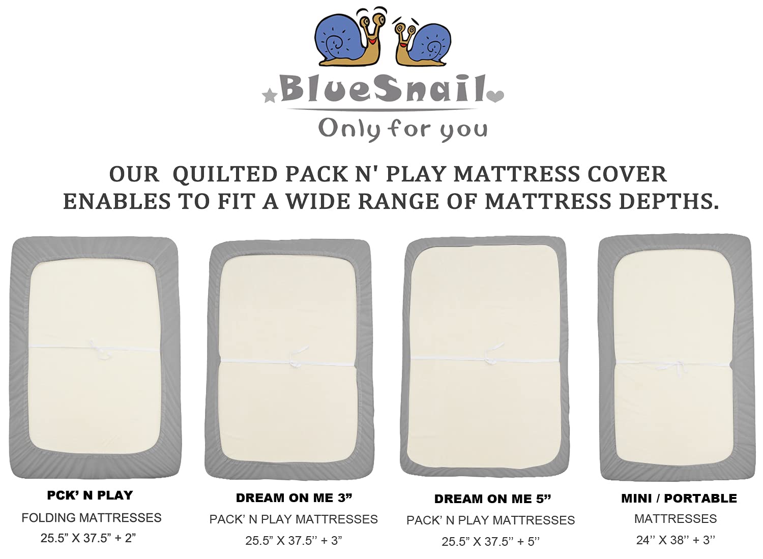 BlueSnail Waterproof Quilted Pack N Play Mattress Cover - Fits All Baby Portable Mini Cribs, Play Yards and Foldable Mattresses (2 Pack, White)