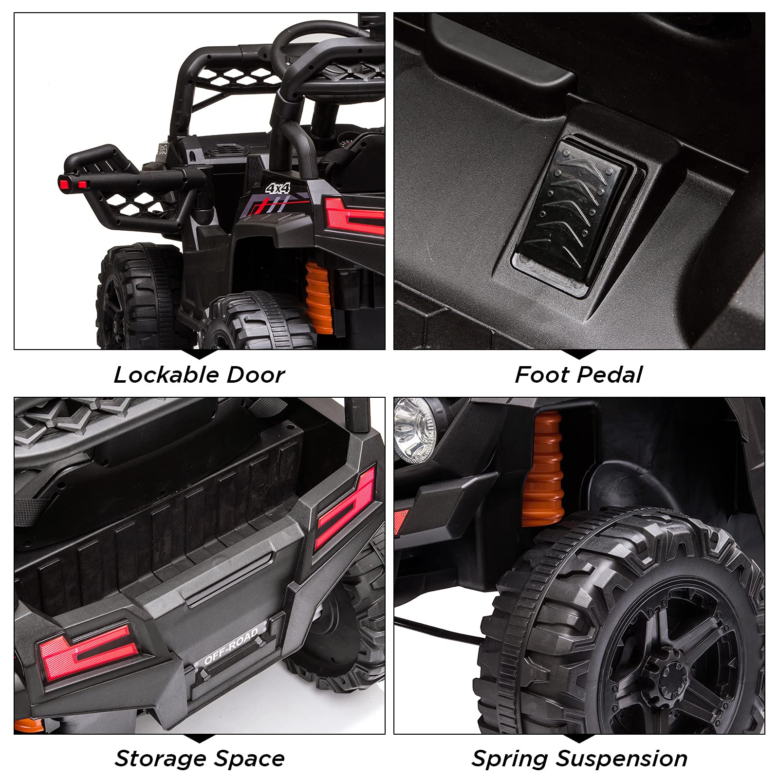 Nasitip 12V Kids Ride On Car Truck w/Parent Remote Control, Spring Suspension, LED Lights, AUX Port, Music (Black, no Tent)