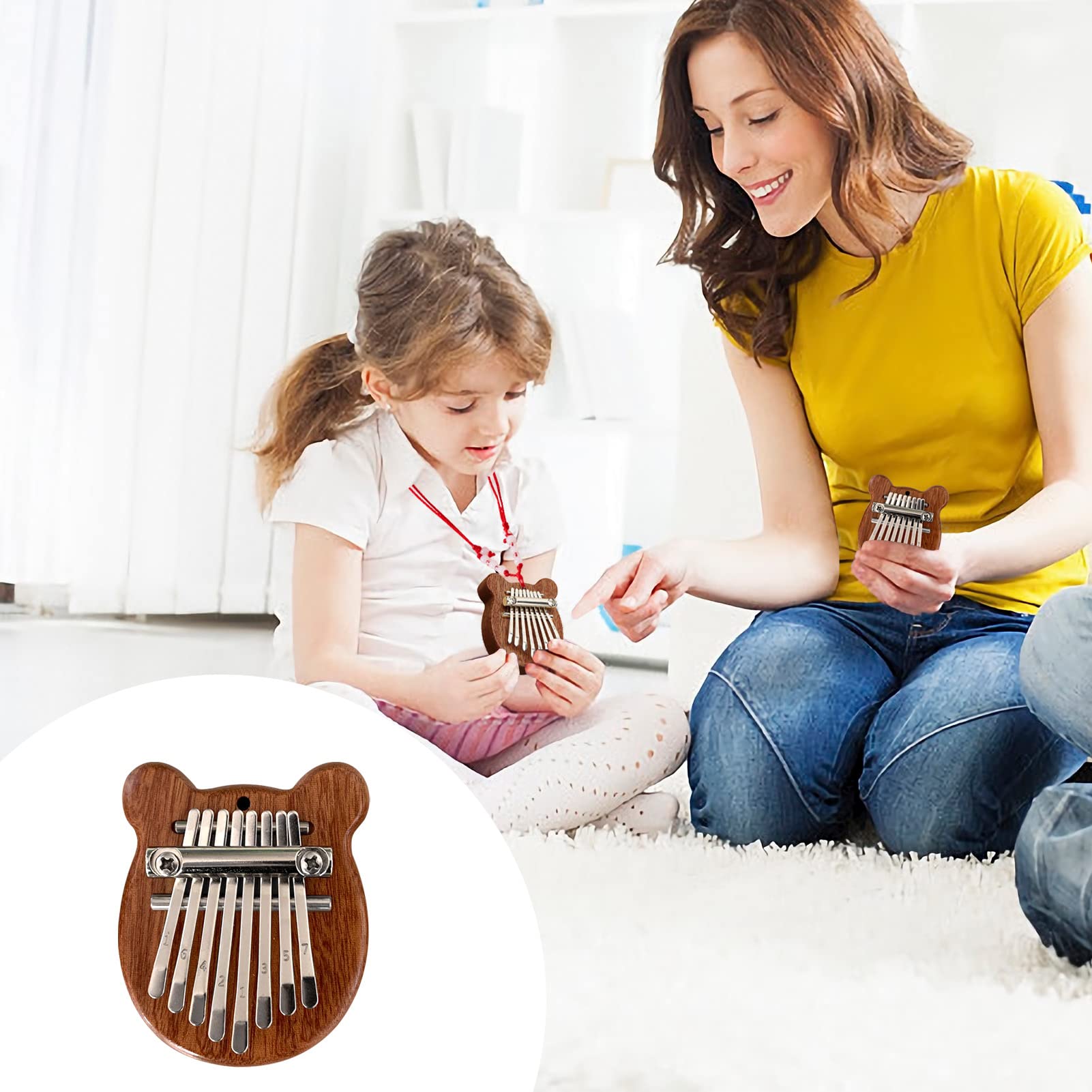 Mini Thumb Piano, 8 Key Mini Kalimba Finger Piano, Portable Marimba Musical Thumb Piano with Lanyard, Solid Wood Musical Good Accessory Pendant Finger Piano Gift for Kids & Adults Beginners (Bear)