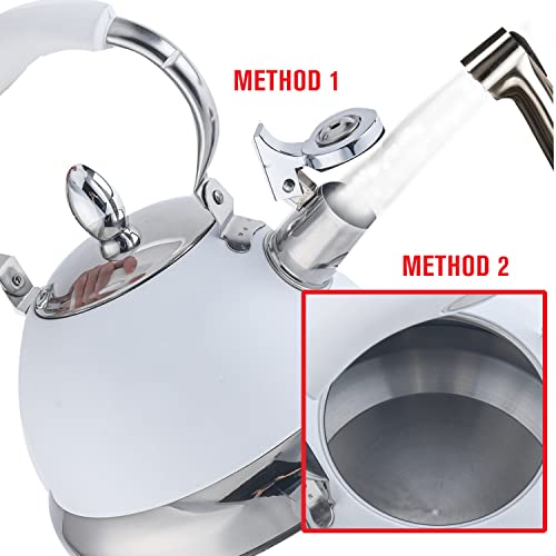 Emeril Lagasse 2.6 Quart/2.5 Liter Whistling Tea Kettle, Stainless Steel Tea Pot for Induction Stove Top, Fast to Boil Water for Home Kitchen Condo, with Ergonomic Cool Folding Grip Handle, White