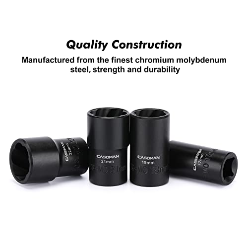 CASOMAN 5 Pieces 1/2"Dr. Twist Socket Set, Lug Nut Remover Tool Metric Bolt and Lug Nut Extractor Socket Tools