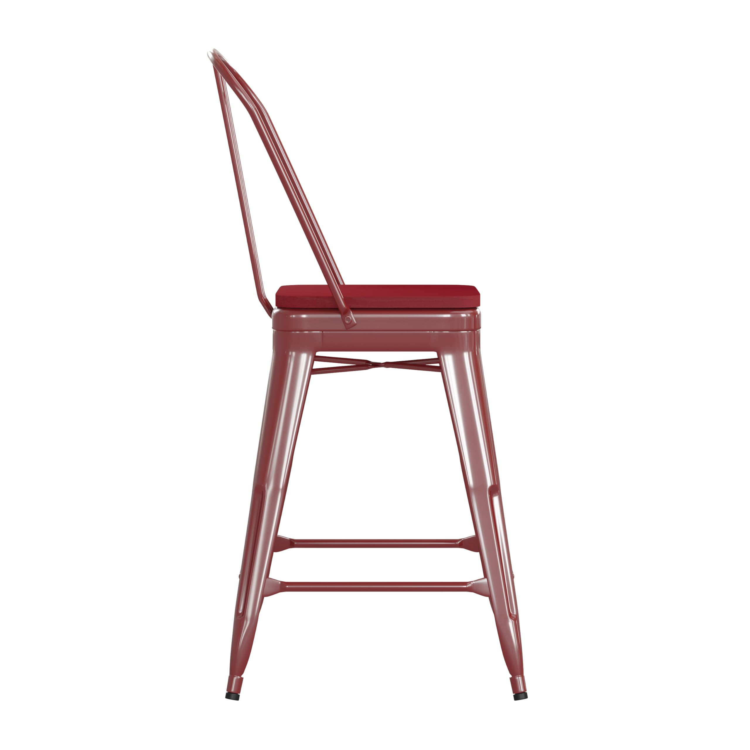 EMMA + OLIVER Kam 24" High Counter Stool - Red Metal Frame - Red Polyresin Seat - Removable Backrest - for Indoor/Outdoor Use