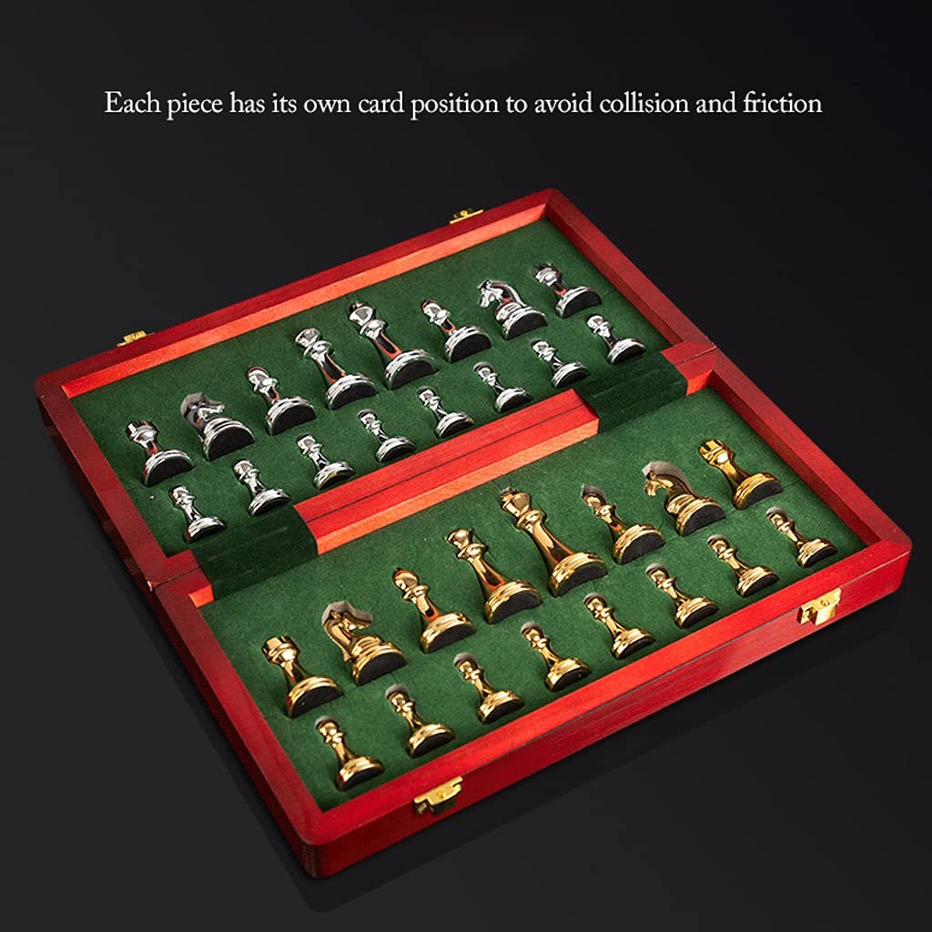 Chess Set Folding Metal Chess Set Chess Set with Storage for Retro Copper Plated Metal Chess Pieces Wooden Board Game Gift