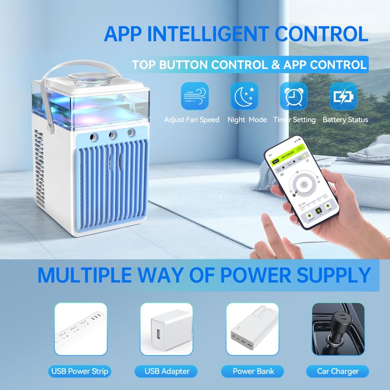 bubbacare Portable Air Conditioners, 4 in 1 Rechargeable Mini Air Conditioner Evaporative Personal Cooler Humidifier with App Control, 800ML Mini AC Desktop Cooling Fan for Office Tent Bedroom