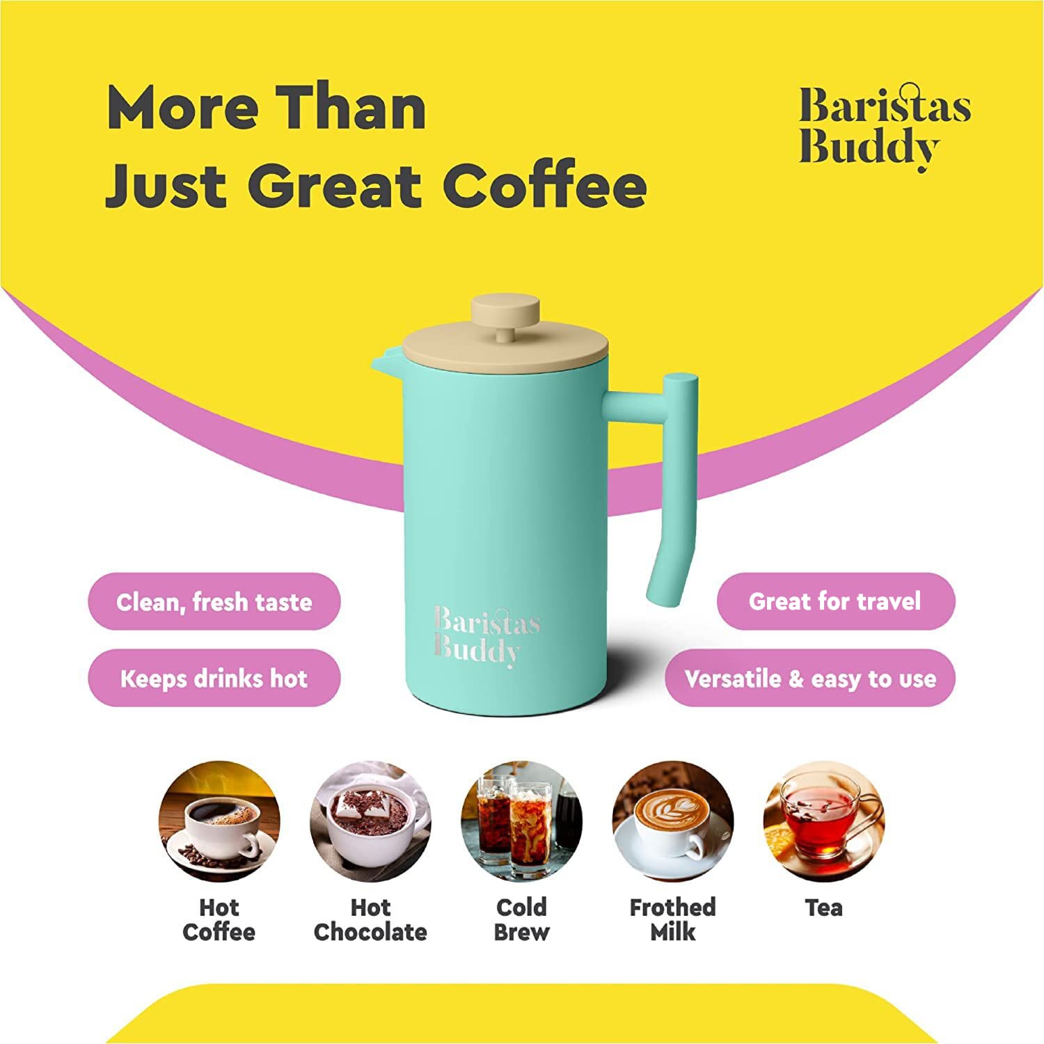 BaristasBuddy Stainless Steel French Press Coffee Maker - Insulated Brewer For Home, Camping Or Travel - Large 34oz Capacity