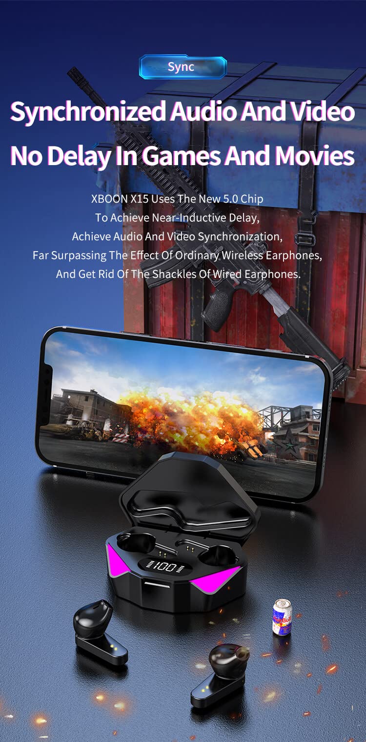 Bluetoth Headphones 50H Playback Wireless Gaming Earbuds with Charging Case Waterproof Earphones in-Ear Headsets with Microphone for Android iOS Laptop TV Smart Phone Computer Sport X15, Black