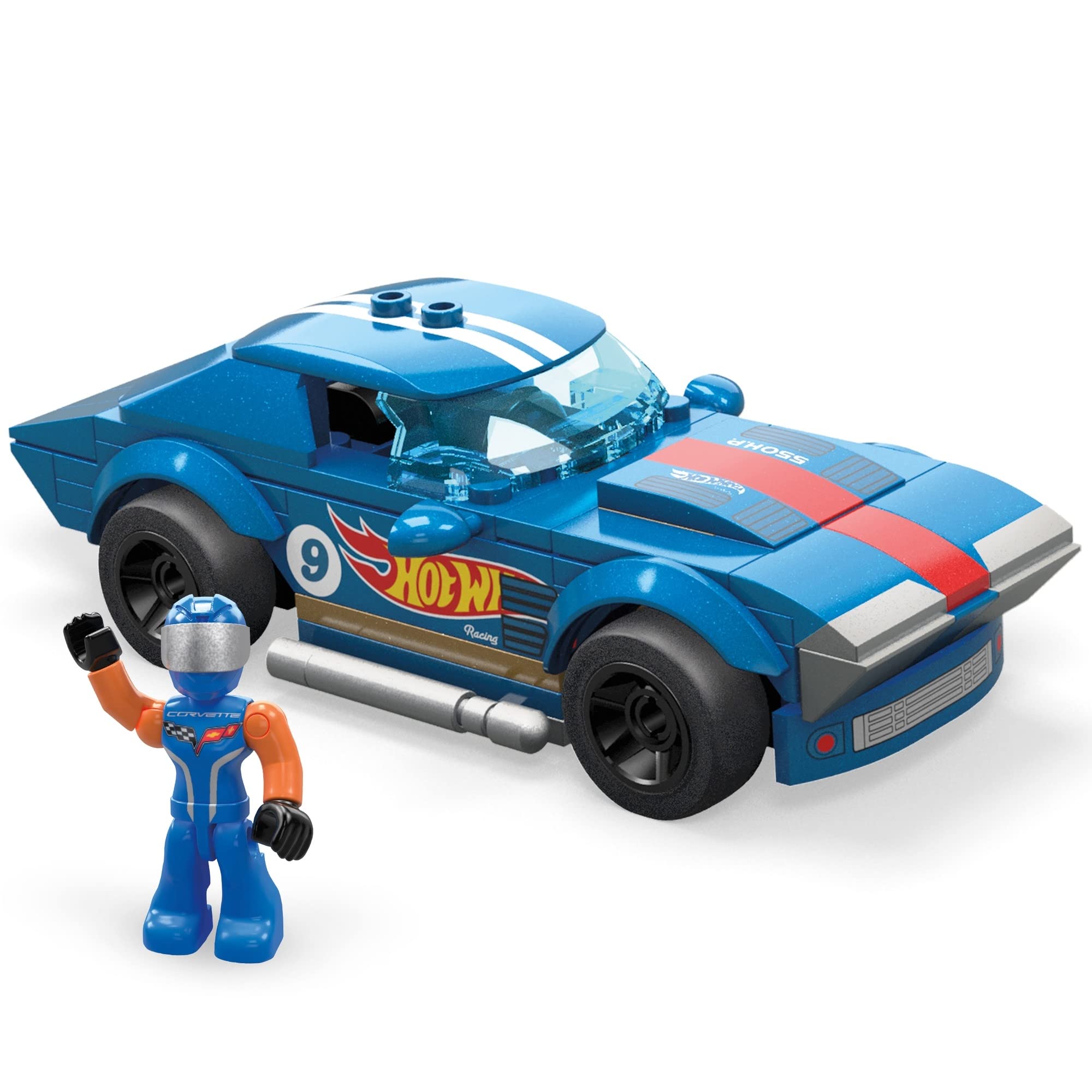MEGA Hot Wheels Building Toy Race Car Playset, 64 Corvette Grand Sport with 88 Pieces, 1 Micro Action Figure Driver, Blue, Kids Age 5+ Years