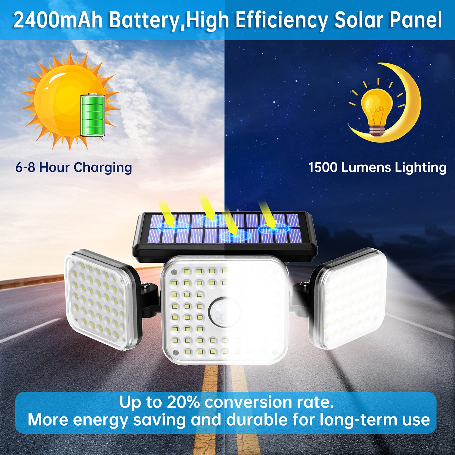Solar Lights Outdoor, 132 LED 1500LM Solar Security Flood Lights with Remote Control, Wireless Motion Sensor Lights 3 Heads 270° Wide Angle Illumination IP65 Waterproof Wall Lights (2 Packs)