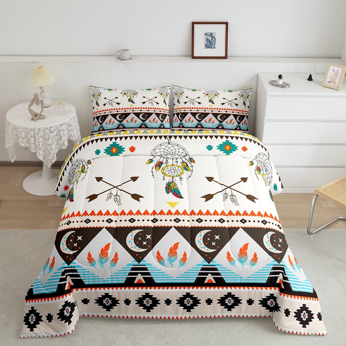 Feelyou Geometric Comforter Full Size with 2 Pillow Cases Dreamcatcher Decor Comforter Set Aztec Geometric Bedding Set Modern Art Quilted Duvet Set for Boys Girls Kids Adults