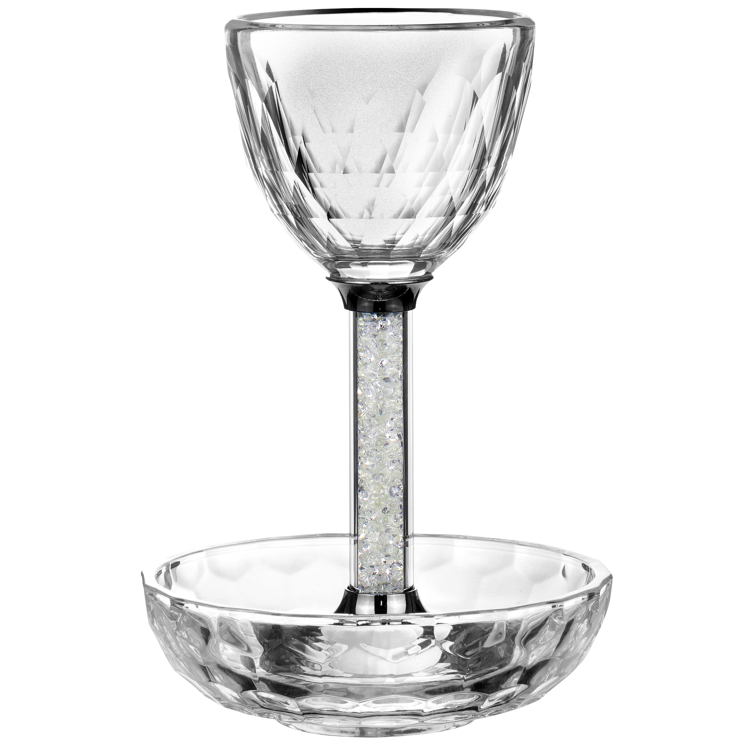 BOKER-TOV SHALOM Crystal Kiddush Cup Set - Premium Kiddush Wine Cup and Saucer for Shabbat, Havdalah, Passover - Judaica Shabbos and Holiday Gift (Clear Gemstones)