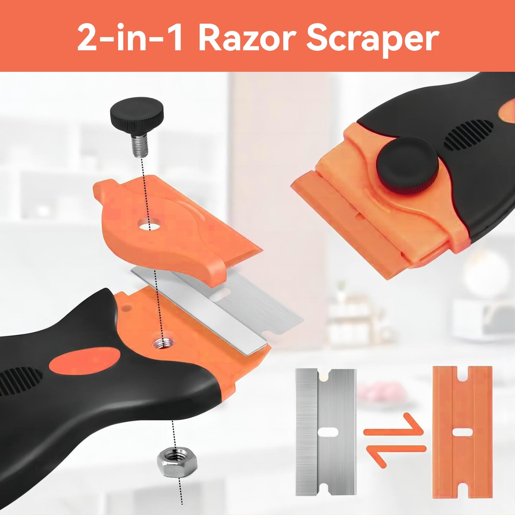 Scraper Tool Set with 20 Razor Blades for Removing Labels, Decals and Stickers from Glass and Stove Tops, 2-in-1 Design,Black and orange (orange)