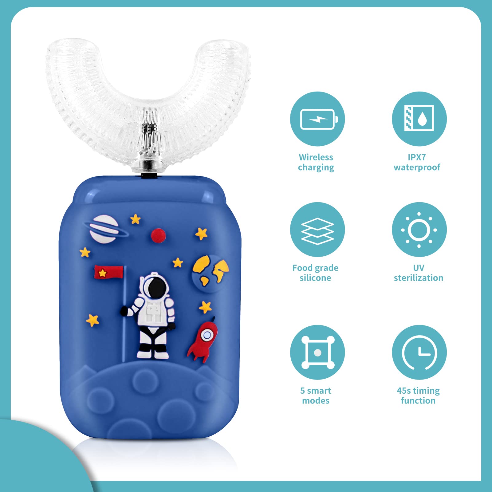 Kids U Shaped Toothbrush, Kids Automatic Toothbrush with 3 Brush Heads, 360 Ultrasonic Automatic Toothbrush Kids with 5 Modes, Ipx7 Waterproof Whole Mouth Toothbrush with Smart Timer