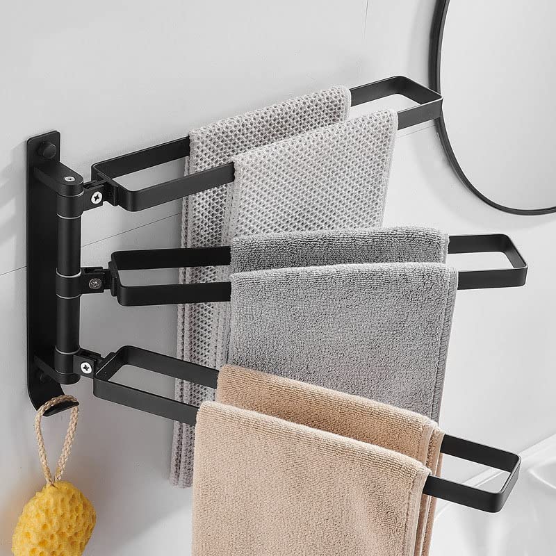 Kindream Swivel Towel Rack Bathroom 13inch Hand Towel Bar Bathroom Swing Hanger Towel Rack Holder Matte Black Finish, Wall Mounted, 3-Arm