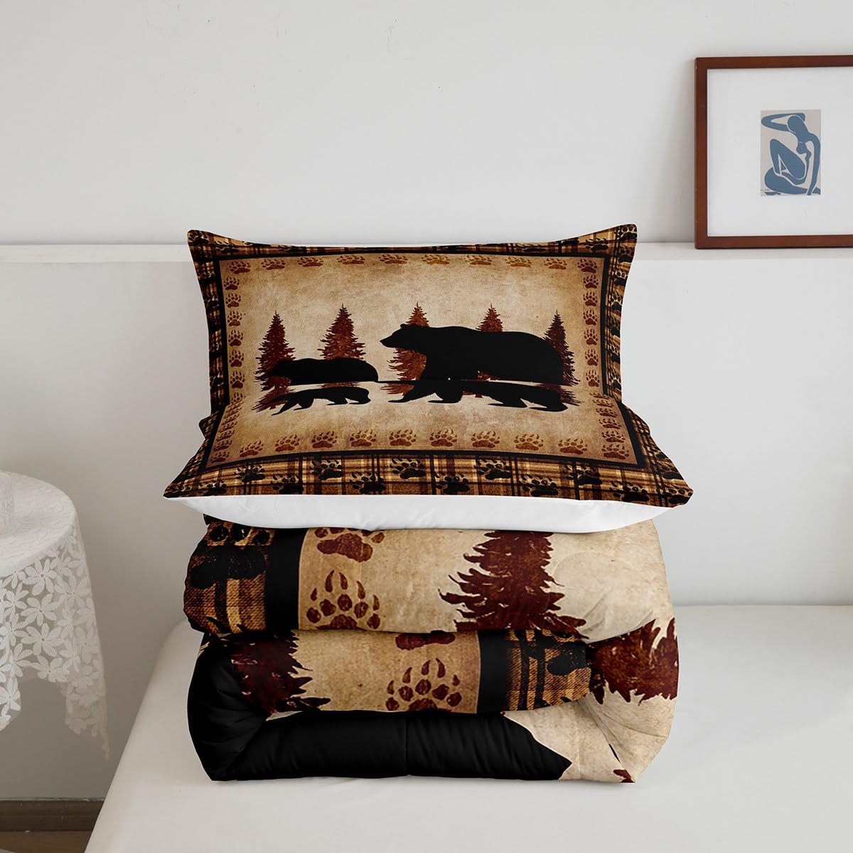 Feelyou Kids Bear Comforter Set Rustic Cabin Country Bedding Set Twin Size for Boys Girls Teens Rust Bear Comforter Wild Animal Brown Duvet Set with 1 Pillow Case