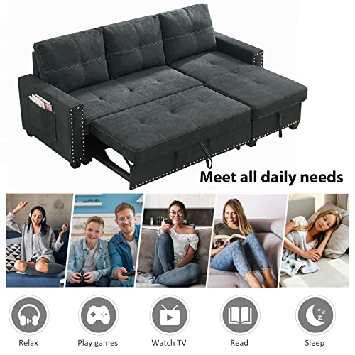 EMKK Home Reversible Sleeper Sectional Sofa Chaise, L-Shape Sofá Pull-Out Bed w/Side Storage Bag Furniture Setfor Apartment,Living Room,Office, Black 82“