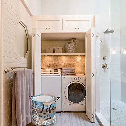 Laundry Basket Summer Starfish Life is Better at Beach,Waterproof Collapsible Clothes Hamper Farm Vintage Blue Wood Plank,Large Storage Bag for Bedroom Bathroom 16.5x17In