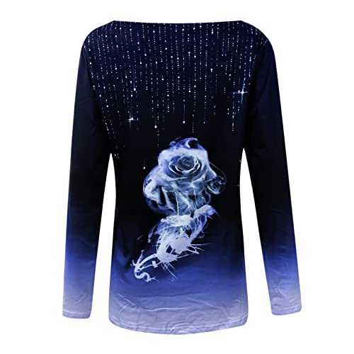 Blusa con Estampado de Cuello Redondo para Mujer Camiseta de Manga Larga Sudadera holgada túnica tanque Y2K Moda,Blue,X-Large