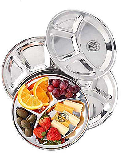 King International Stainless Steel Plates, Divided Indian Dinner Plate,Four Section Round Plates Set Of 4, 12'', Section Control Plate, Kids Plate, Indian Thali Plate