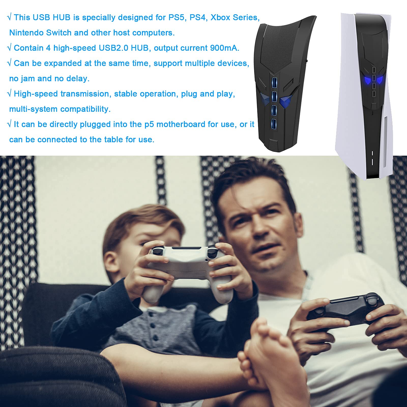 arVin Extender USB HUB for PS5, High-Speed 4 Port USB 2.0 Splitter Expansion Adapter USB Extender Charger for Playstation 5/4/3/Xbox Series X/S/Xbox One/360/Nintendo Switch Game Console & Controller