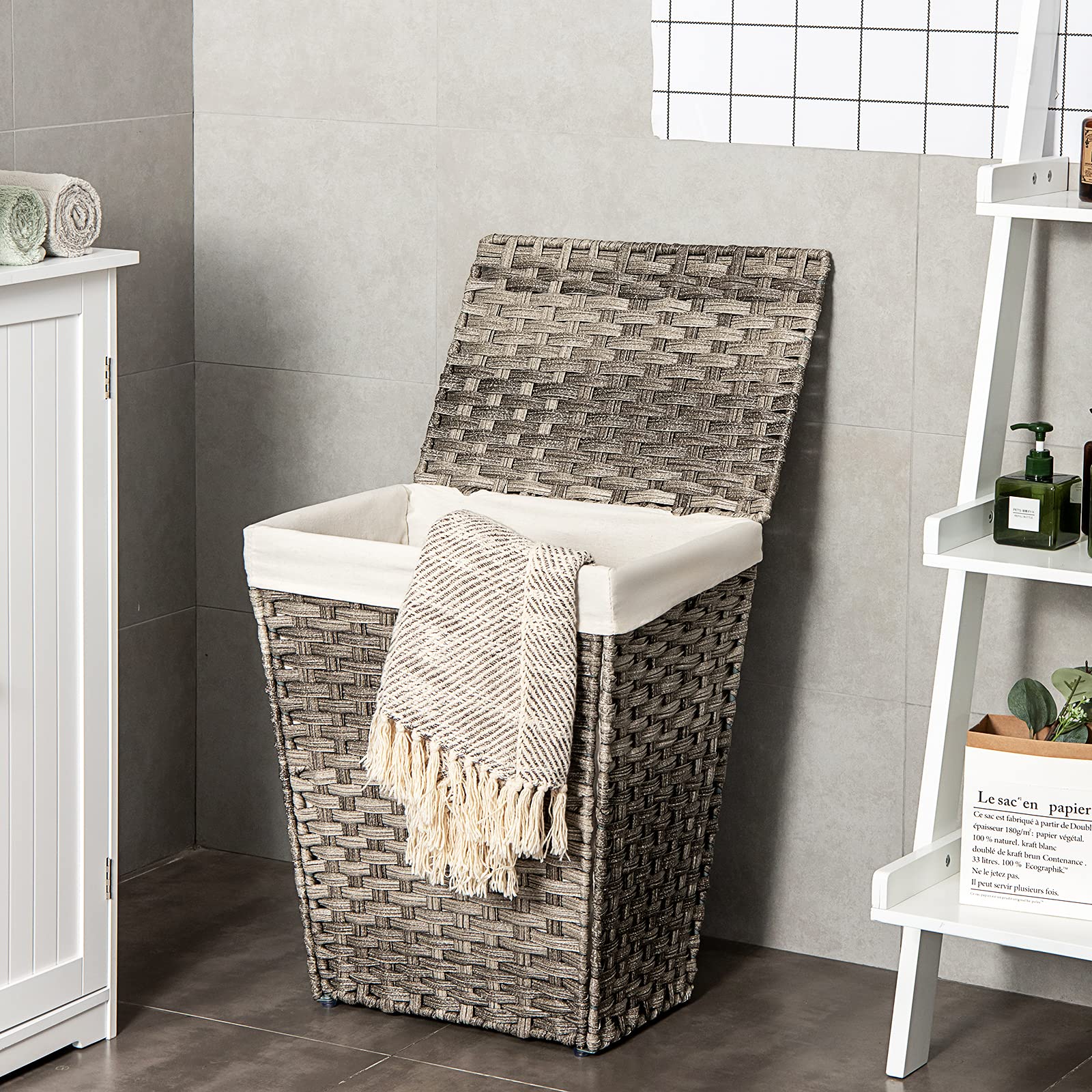 Giantex Laundry Hamper with Lid, Foldable Laundry Basket w/Removable Liner Bag, Handwoven Rattan Clothes Hamper w/Handles Anti-skid Pads for Living Room Laundry (Gray)
