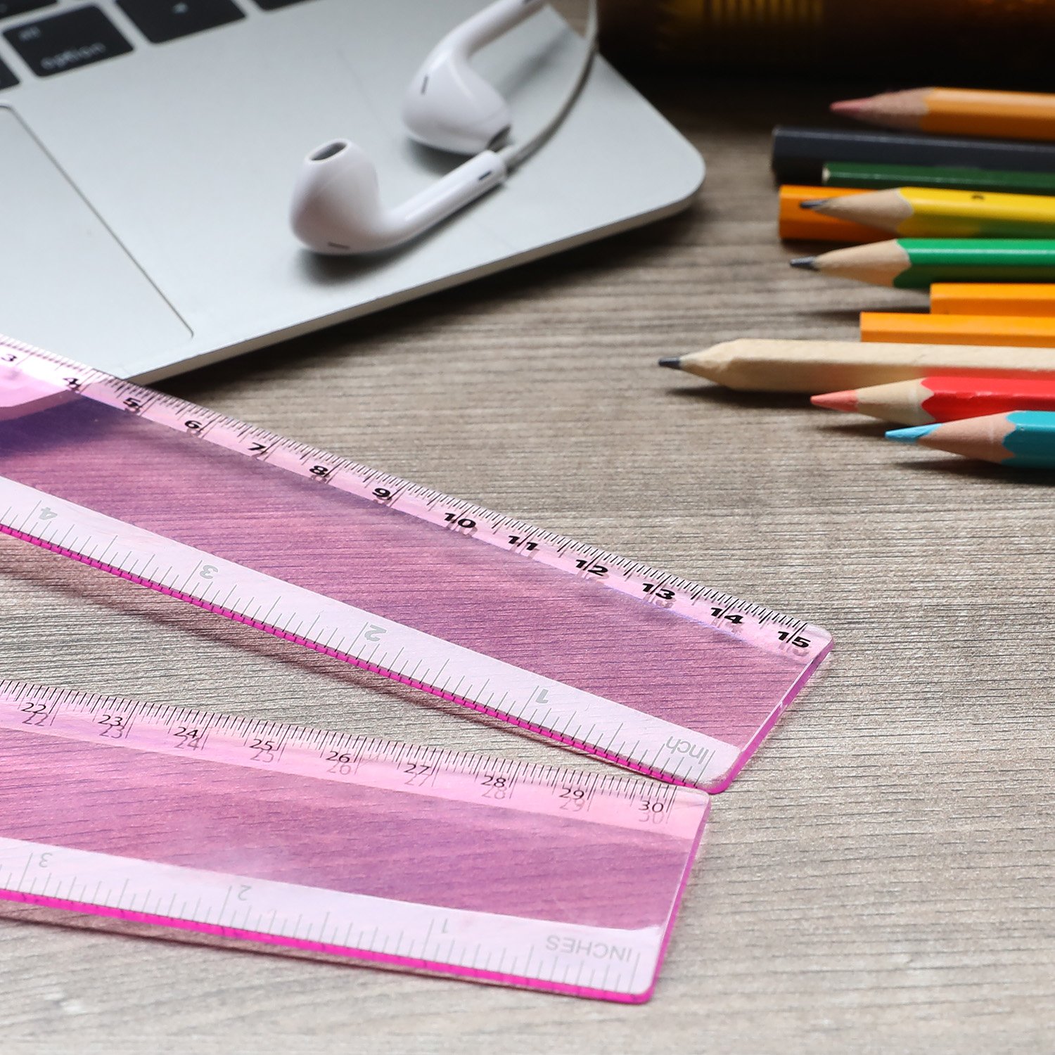eBoot Plastic Ruler Straight Ruler Plastic Measuring Tool 12 Inches and 6 Inches, 2 Pieces (Black) (Pink Purple)