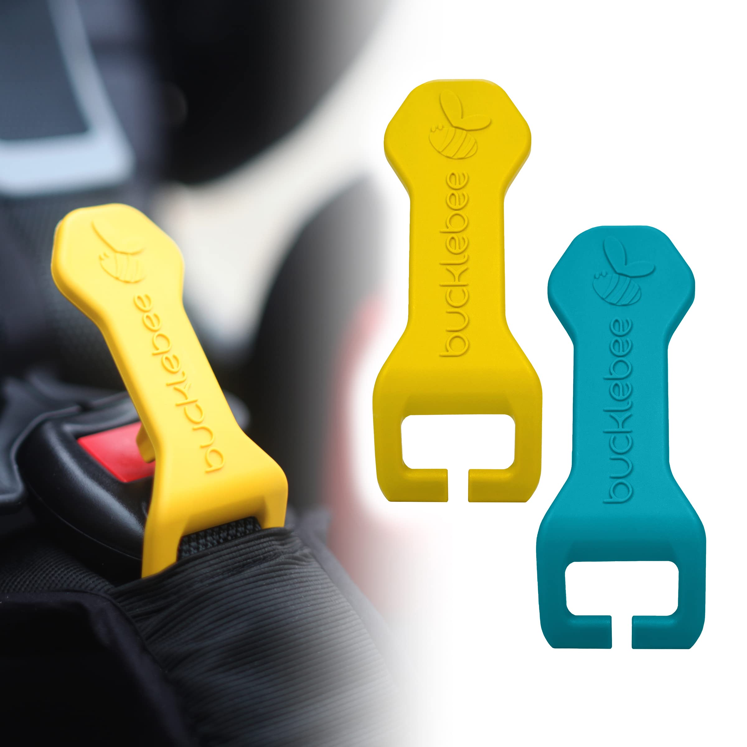 BUCKLEBEE Easy Car Seat Buckle Release Aid for Children Unbuckle Car Seat Release Tool - Car Seat Button Pusher - Car Seat Opener For Nails - Car Seat Buckle Release Tool (Yellow and Teal)